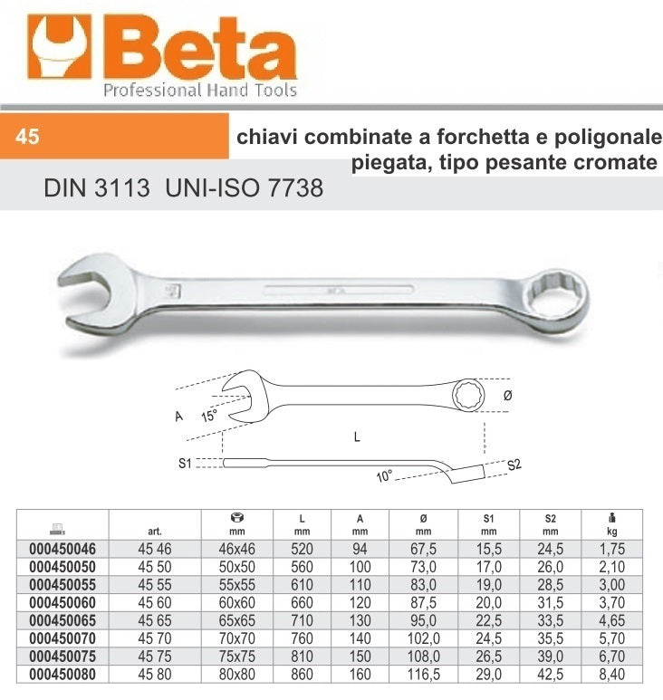 BETA - Beta 45 Chiavi Combinate A Forchetta E Poligonale Piegata, Tipo ...